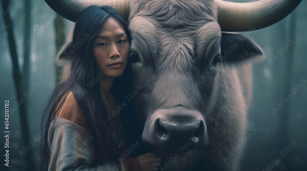 Beautiful Asian woman with traditional clothes hugging, caring a bull ...