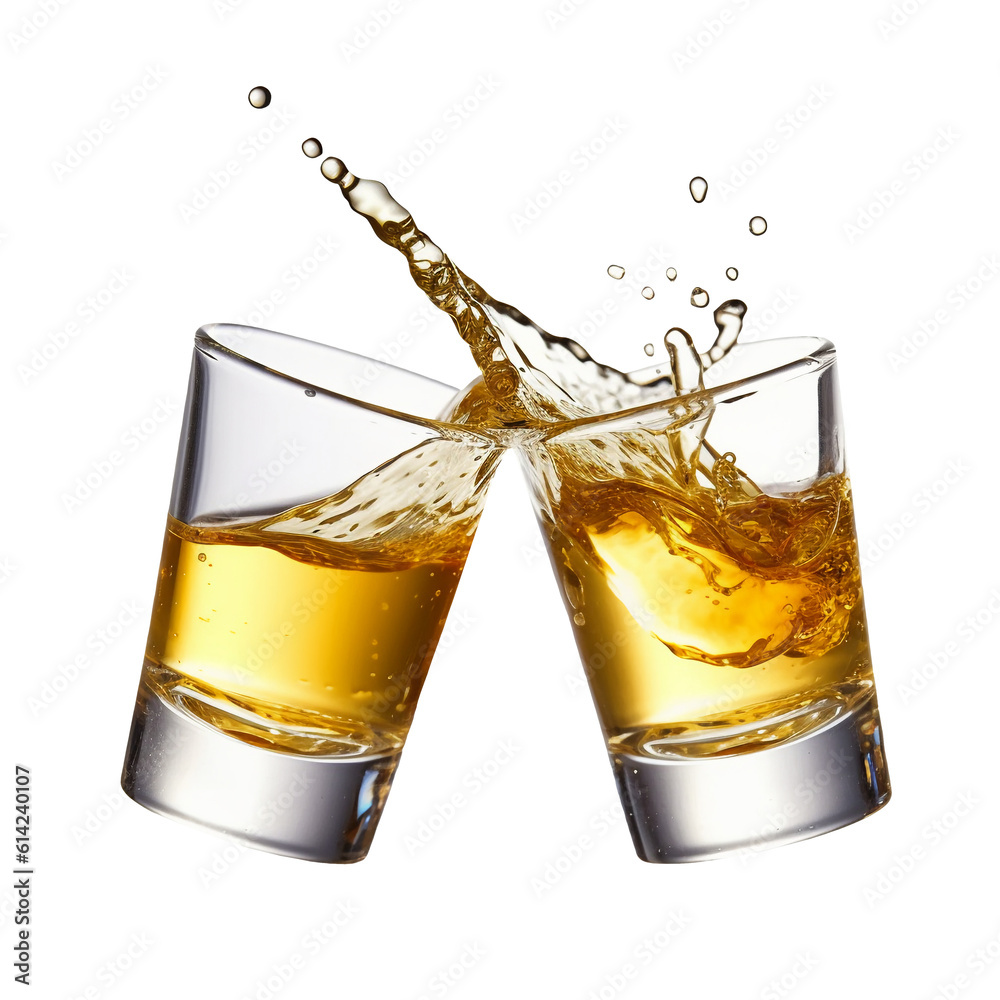 Glasses shot of tequila making toast with splash isolated on trasparent ...