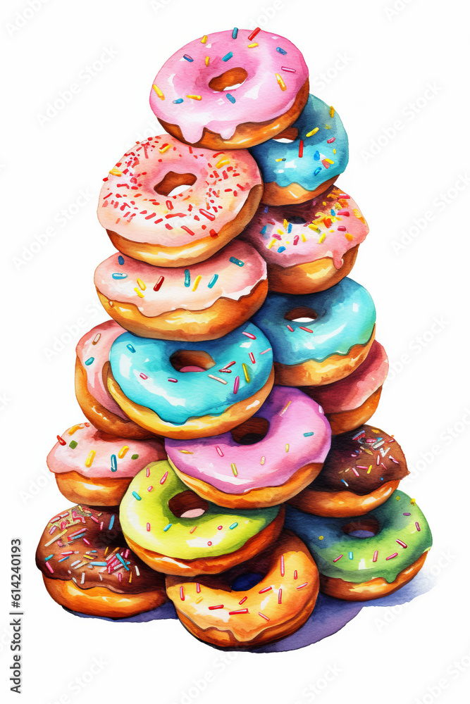 Pile of donuts balancing on top of each other, watercolor style on ...