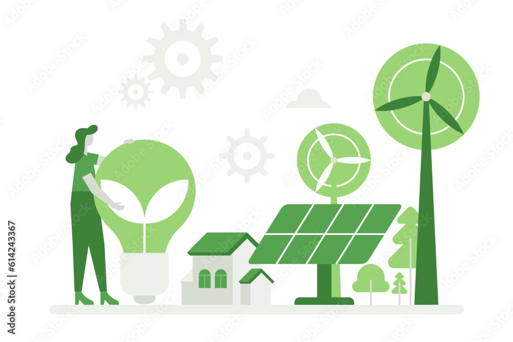 People using eco future technology, renewable energy sources. Cartoon ...