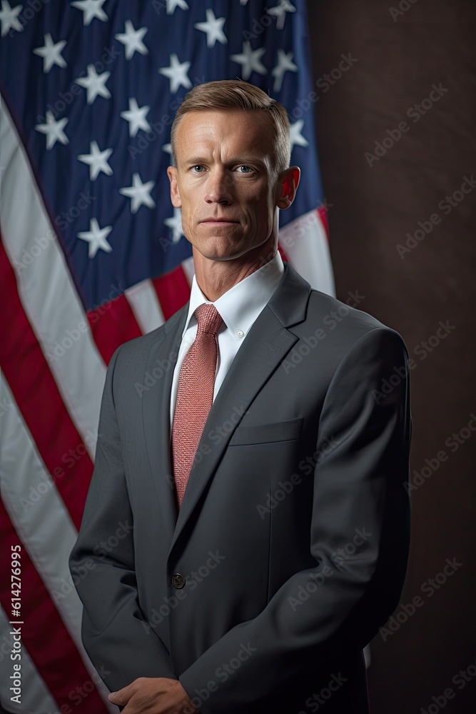 Portrait of an American male politician with a US flag in the ...