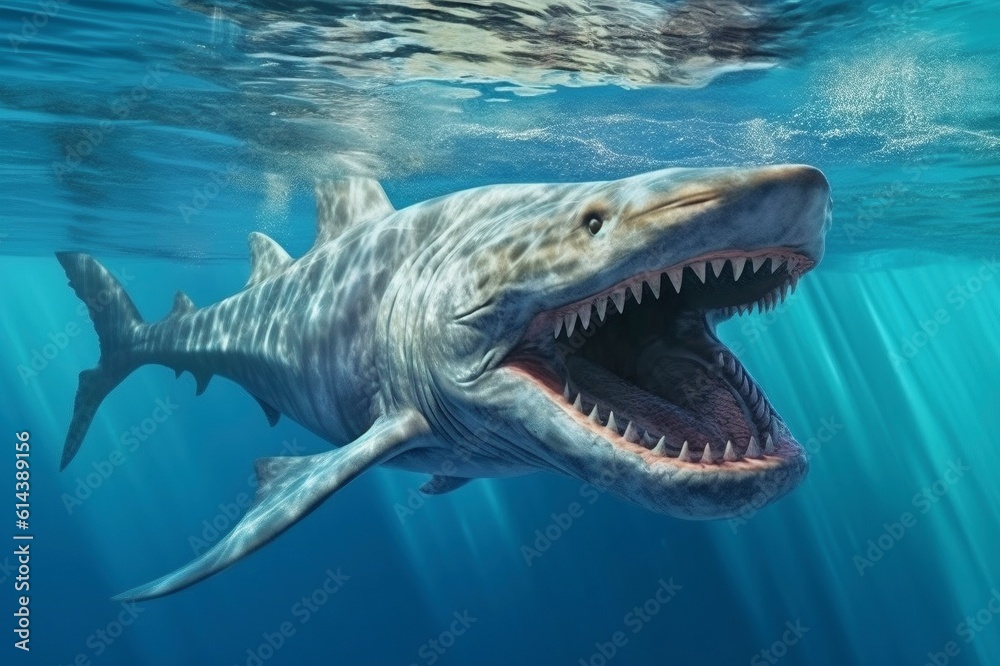 Ilustración de Stock Megalodón nadando debajo del agua con la boca ...