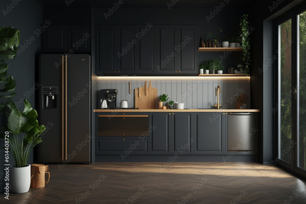 sleek elegance of a dark kitchen interior, featuring an empty grey wall ...