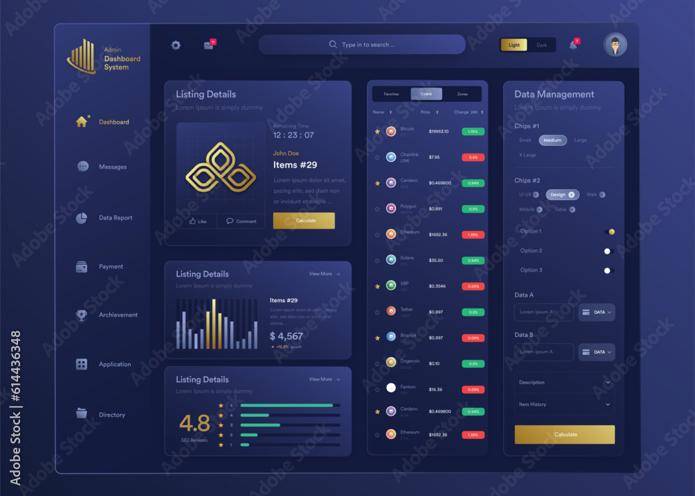 Vector de Stock Infographic NFT dashboard. UI design with graphs, charts and diagrams. Web ...