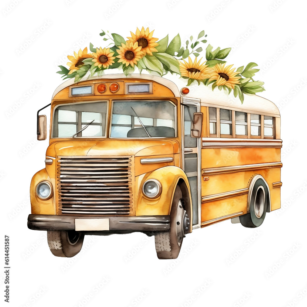 Illustration Stock School Bus with Sunflower Watercolor Clipart, Back ...