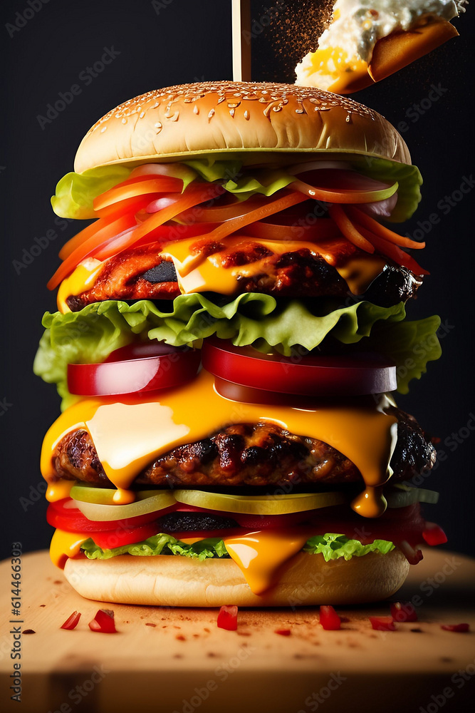 Double decker burger stacked with two juicy beef patties melted ...