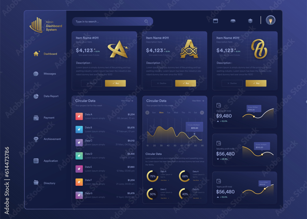Infographic NFT dashboard. UI design with graphs, charts and diagrams. Web interface template ...
