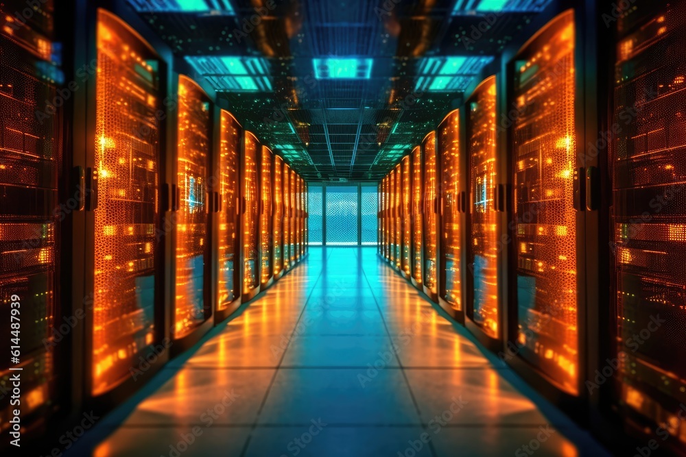 A close - up photo of a corridor in a busy data center. The image ...