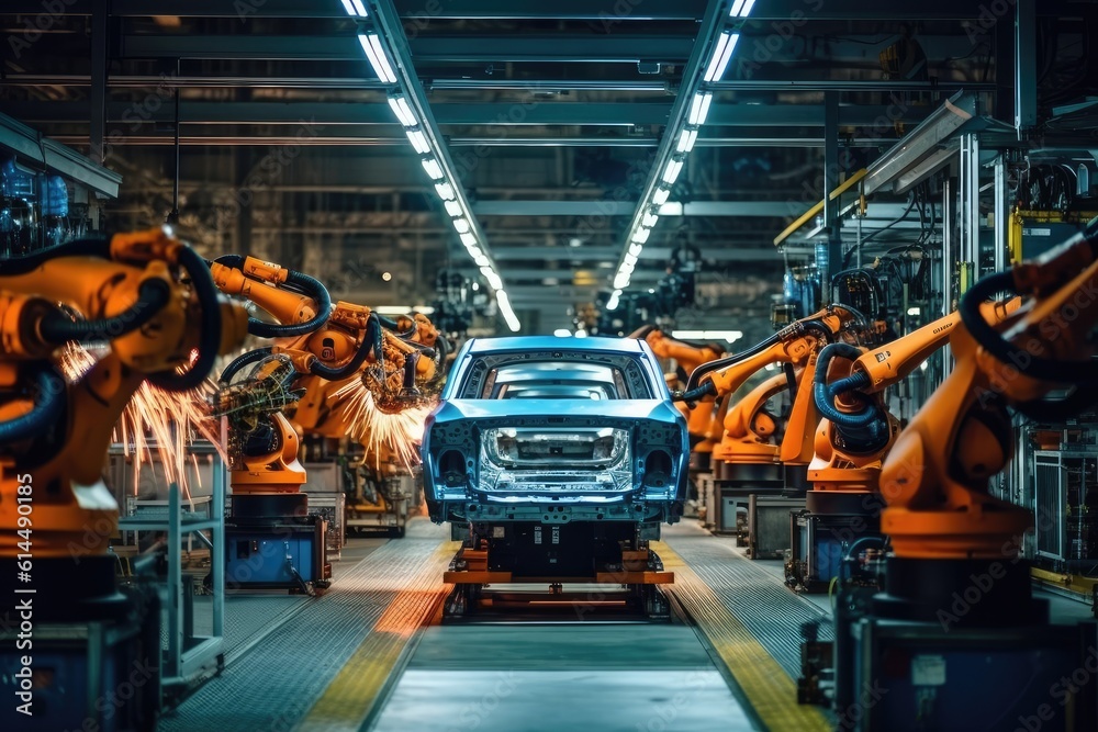 A close - up photo of a state - of - the - art assembly line in a car ...