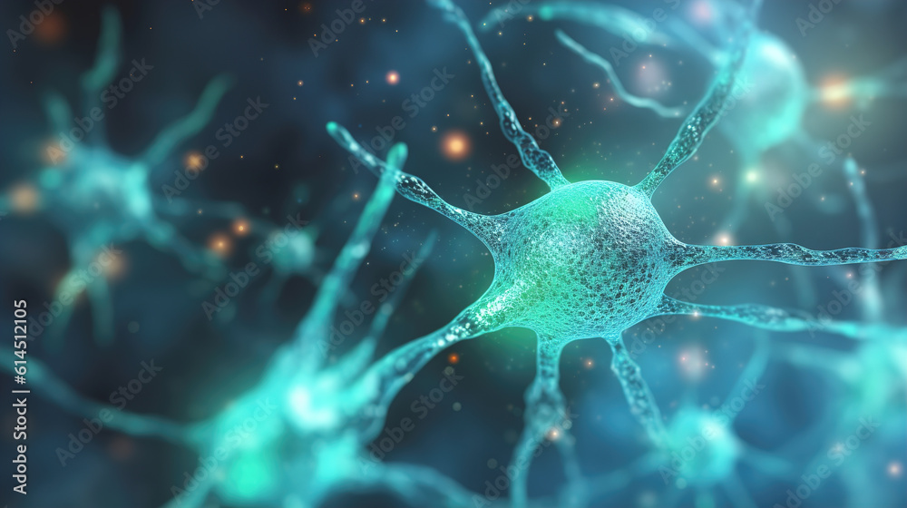 neuron cells with glowing link knots. Blue green Neurons in brain. AI generation Stock ...