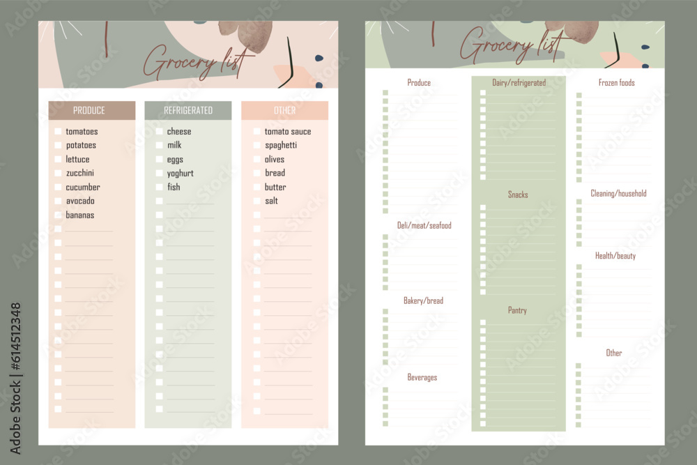 Set of 2 Grocery Lists planner printable template vectors. Printable ...