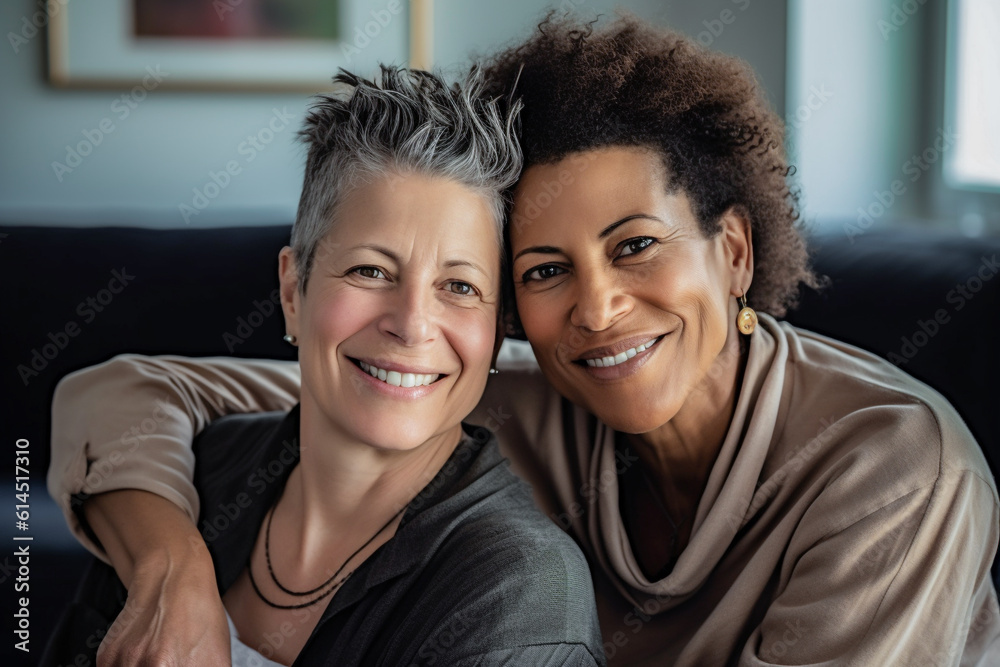 International senior generative ai lesbian couple practicing ...