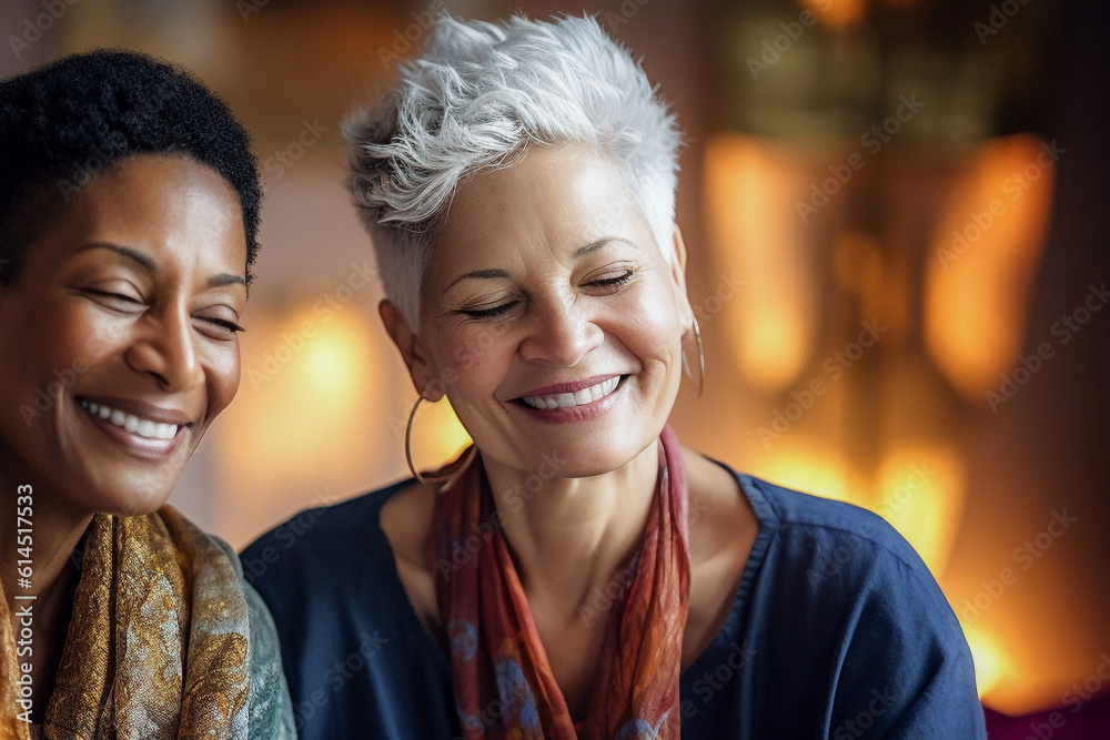 International senior generative ai lesbian couple practicing ...