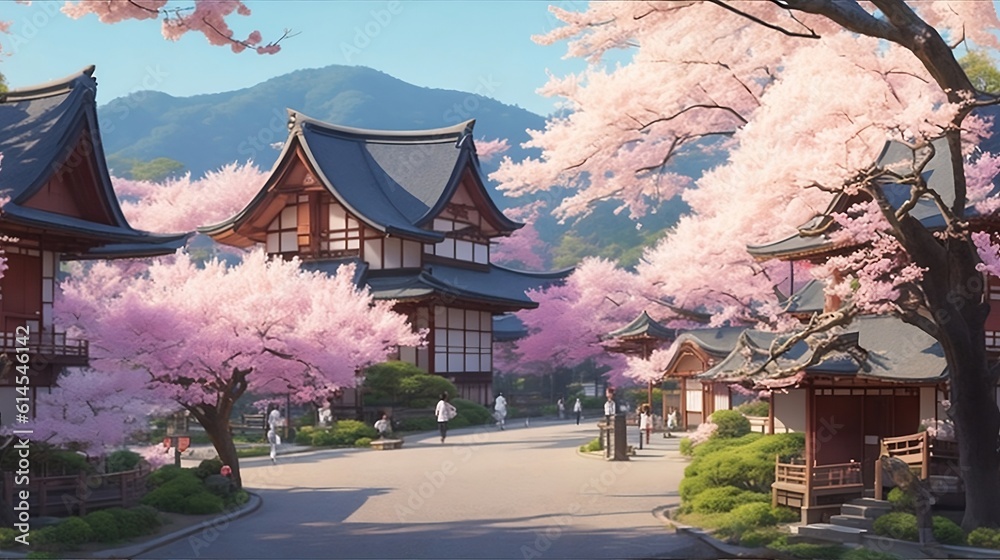 Japanese anime-style springtime village, 4k wallpaper, nature wallpaper ...