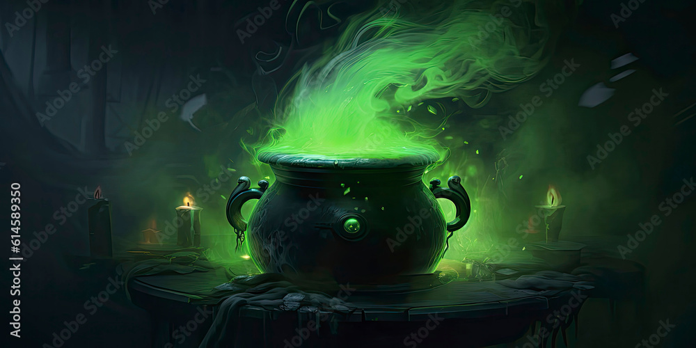 Halloween magical witches green bubbling cauldron with fog and mist ...