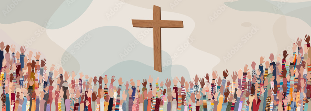 Group many Christians people with raised hands praying or singing ...