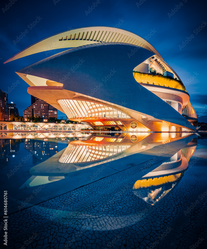 Valencia, Spain: night view of the Palau de les Arts Reina Sofia, the ...
