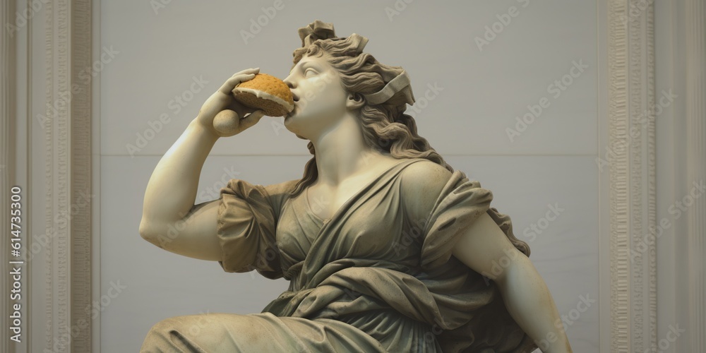 Statue of a person eating hamburger, concept of Fast food culture ...