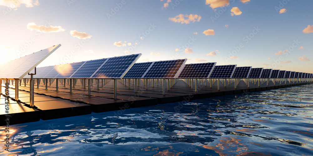3d rendering of floating solar, floatovoltaics or solar farm consist of ...