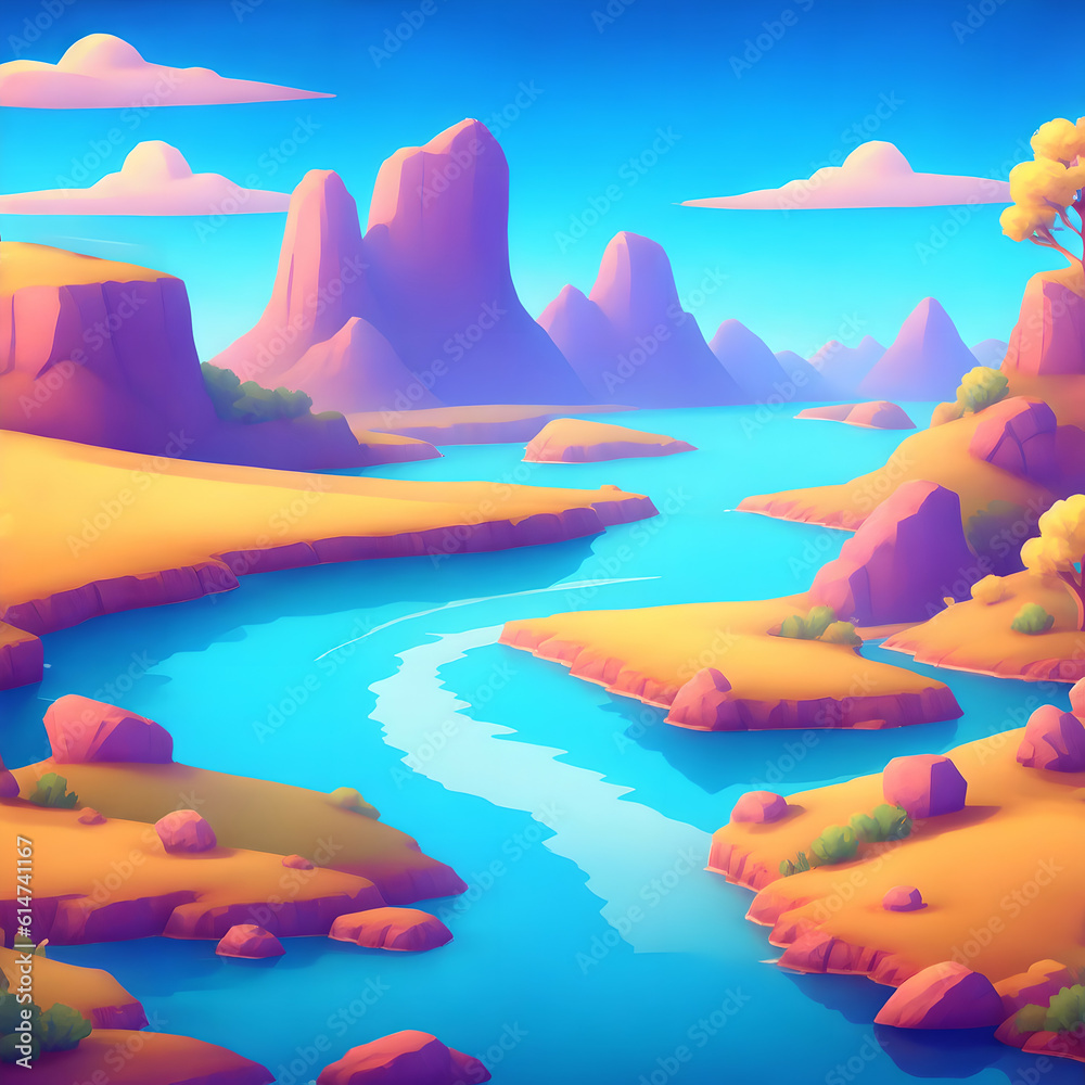 Colorful game concept art large forest location with a river, mountains ...