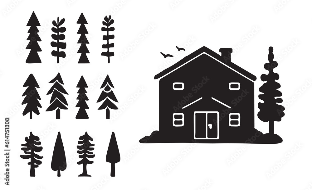 Set of log cabin and alpine fir tree vector illustrations. Masculine ...