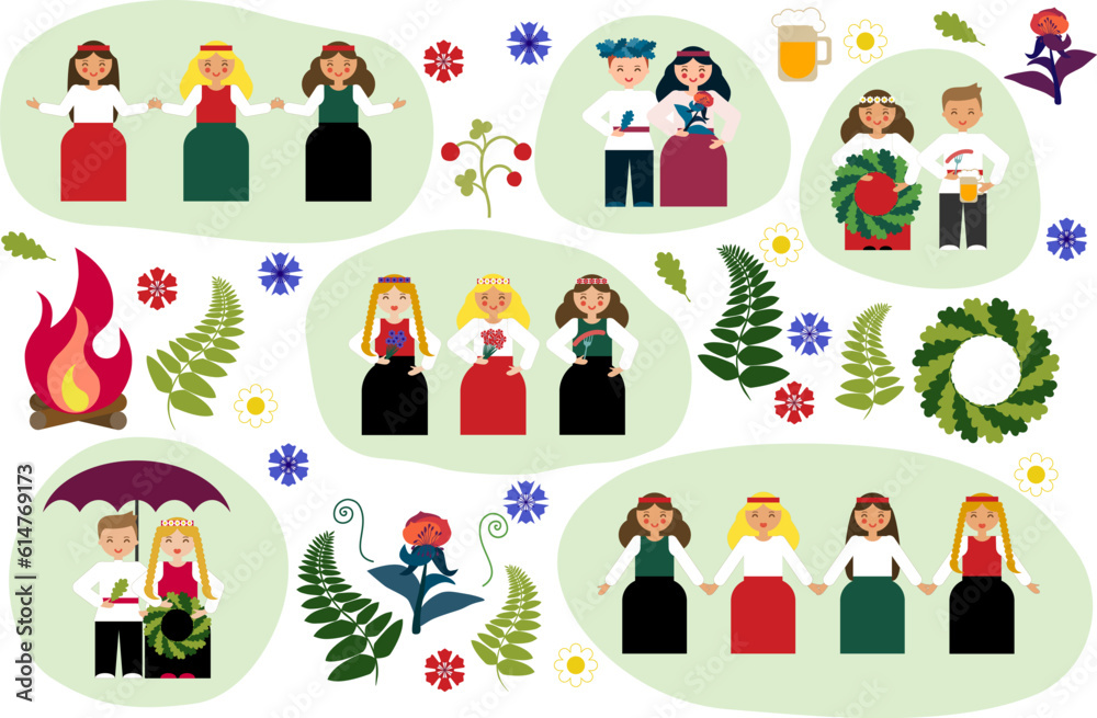 Midsummer celebrating set on white background, girlfriend and boyfriend ...