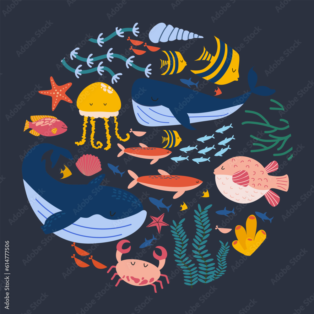 Marine animals and fish. Marine banner stylized in a circle. Underwater ...