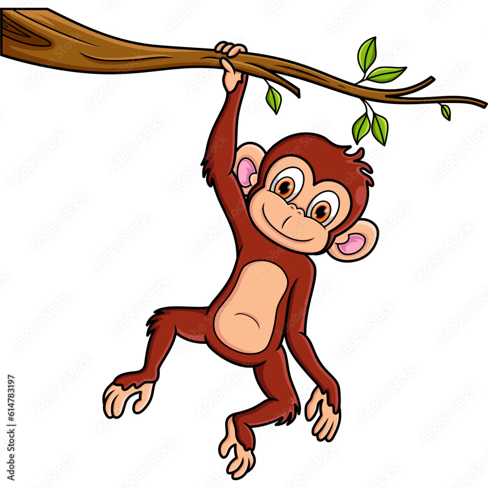 Cartoon monkey hanging in tree branch Stock Vector | Adobe Stock