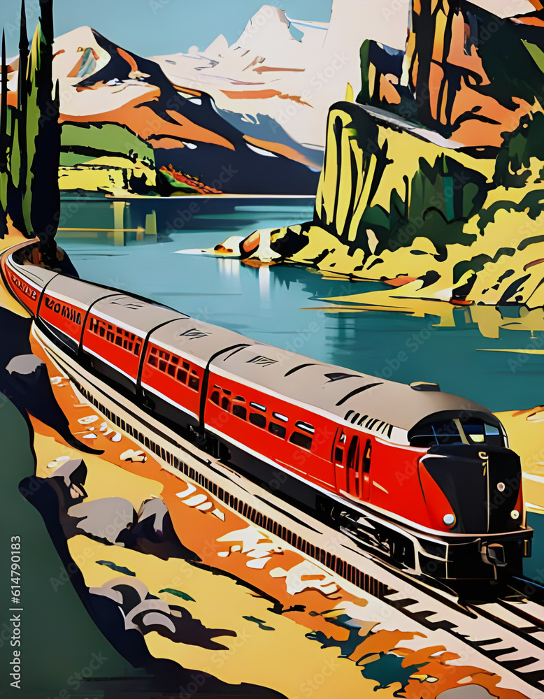 vintage art deco style 1950s railway travel poster with a diesel ...