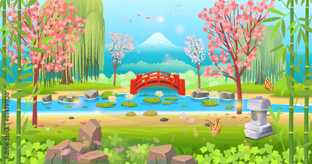 Japanese garden with a river, a lake, a red bridge, cherry blossoms and ...