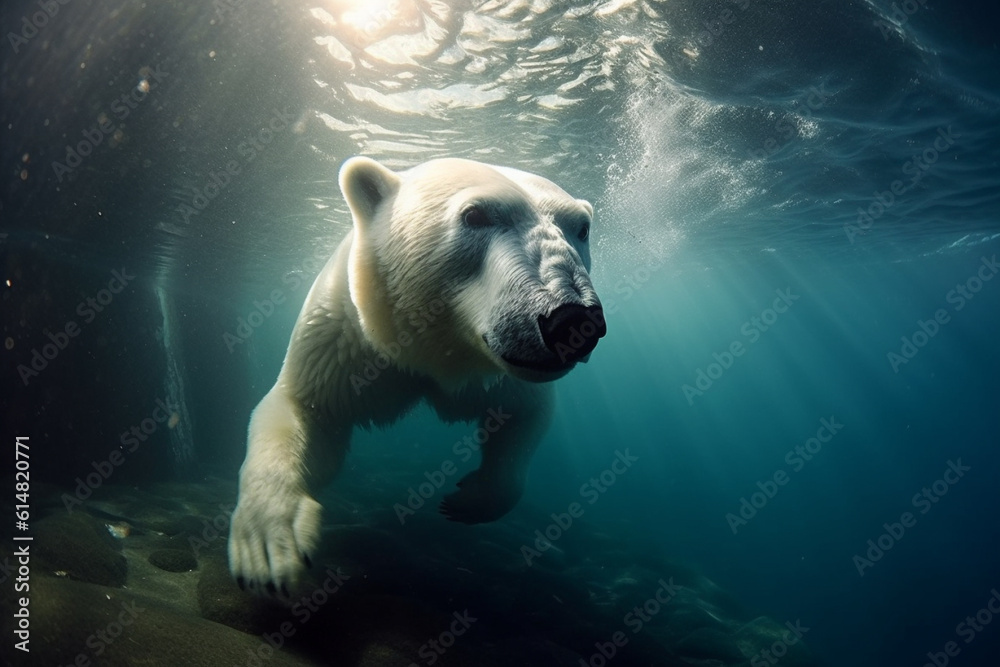 A captivating sight of a polar bear gracefully swimming in the icy ...
