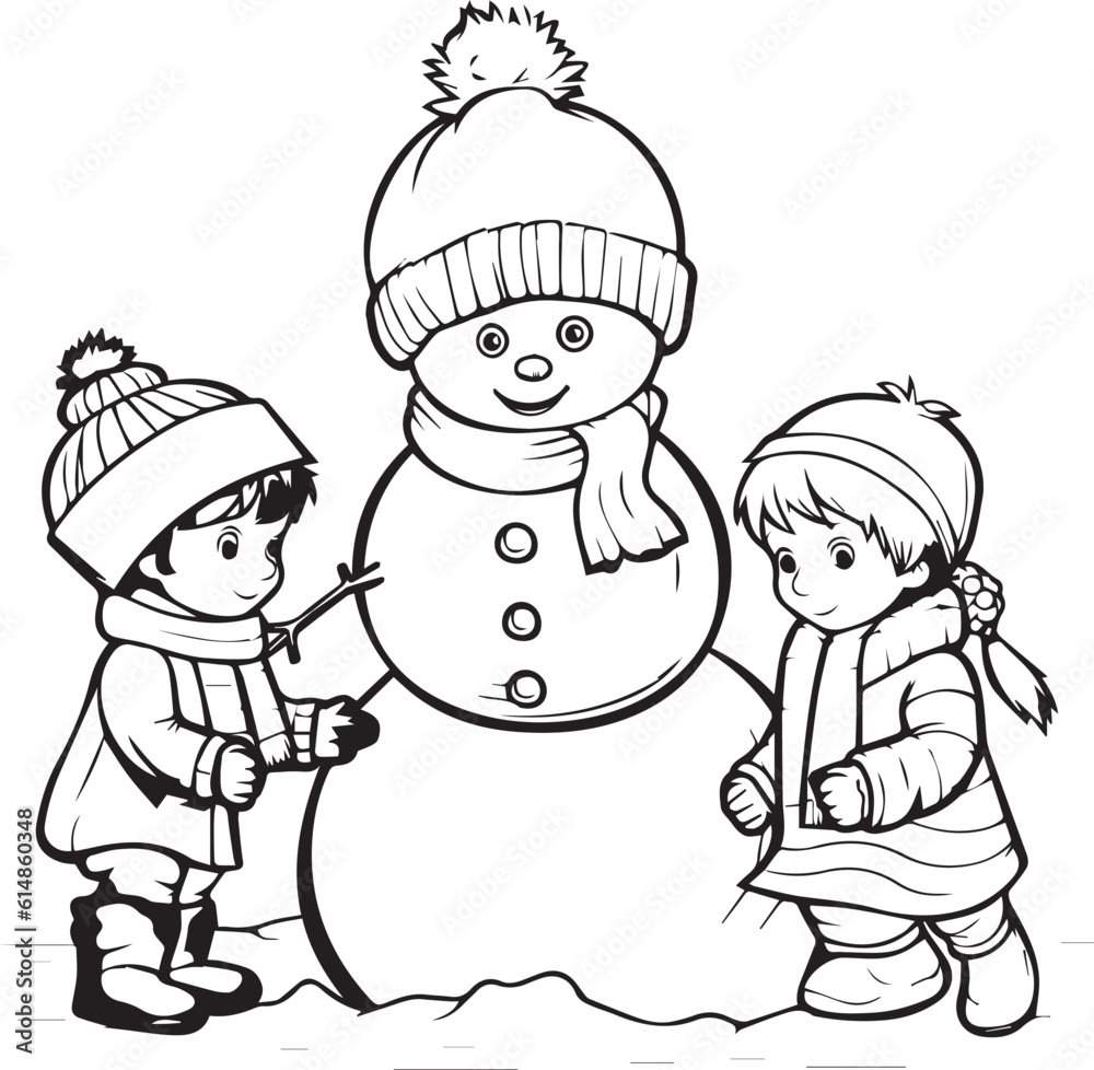 Coloring Book Page with kids playing in the snow , Coloring page ...