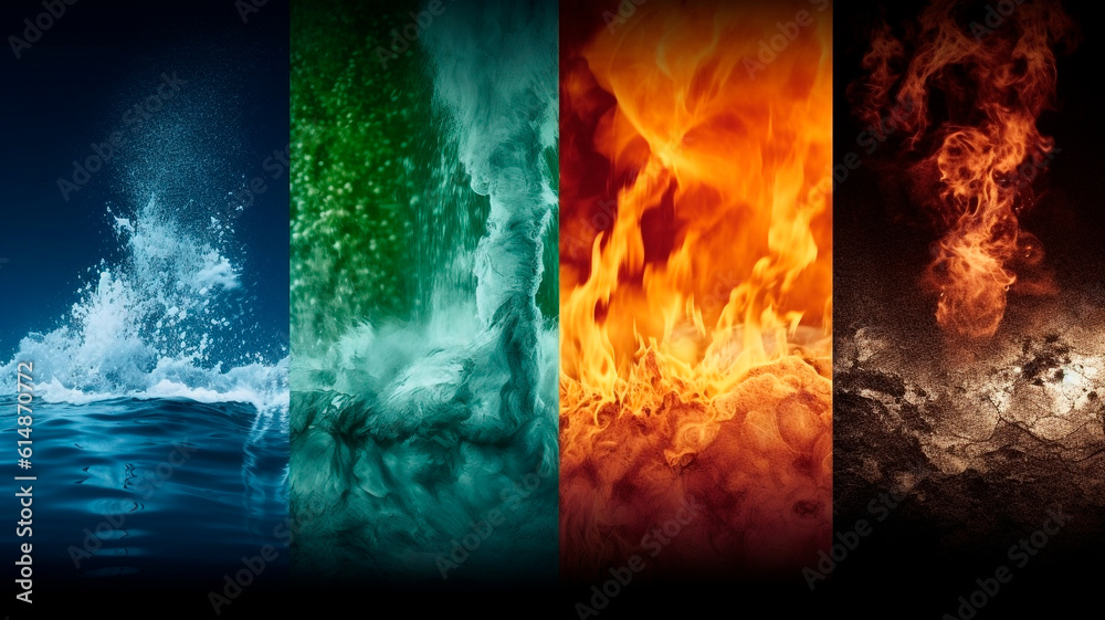 The four elements of fire, water, earth and air in hightextile, the ...