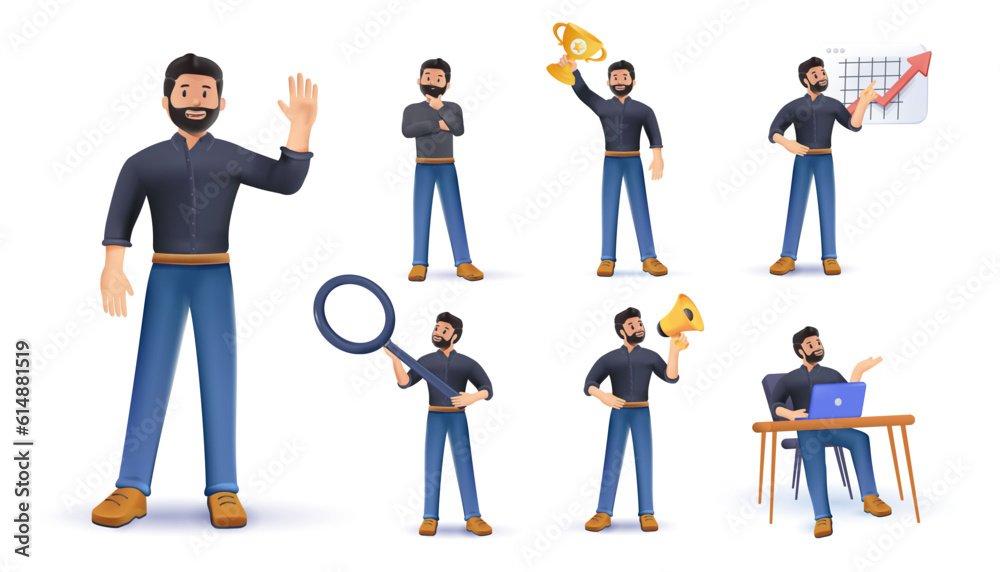 3D man employee with beard holding phone and laptop, walking isolated ...