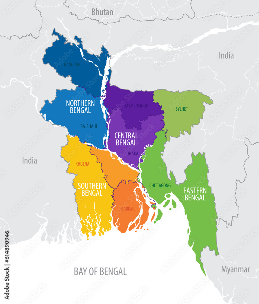 Map of the administrative division of Bangladesh into Regions and ...