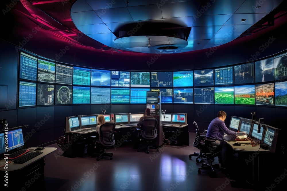 A fire control room, with engineers monitoring fire prevention systems ...