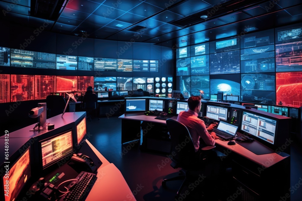 A fire control room, with engineers monitoring fire prevention systems ...