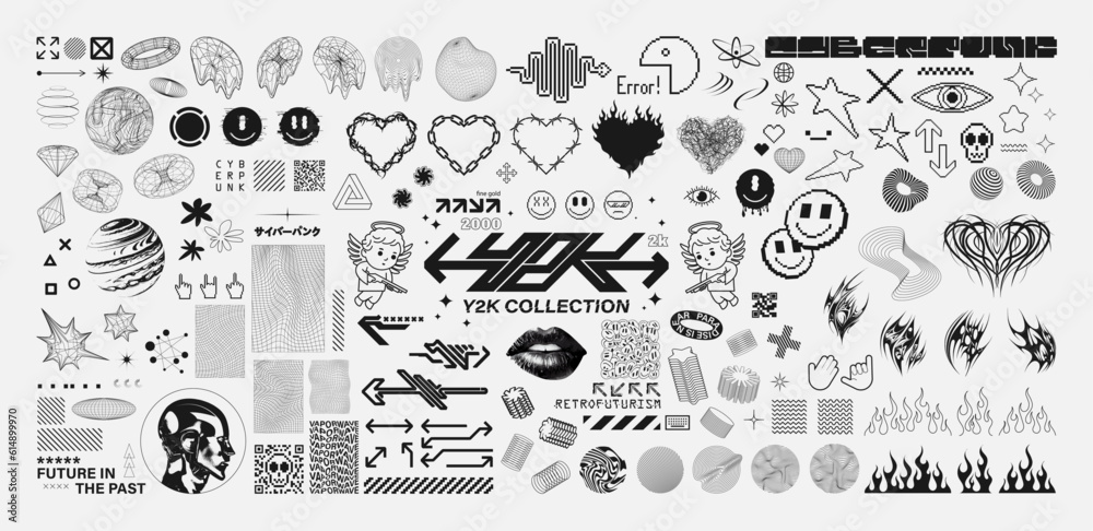 Y2K retro graphic box, 3d elements, icons, neo-tribal, typeface ...