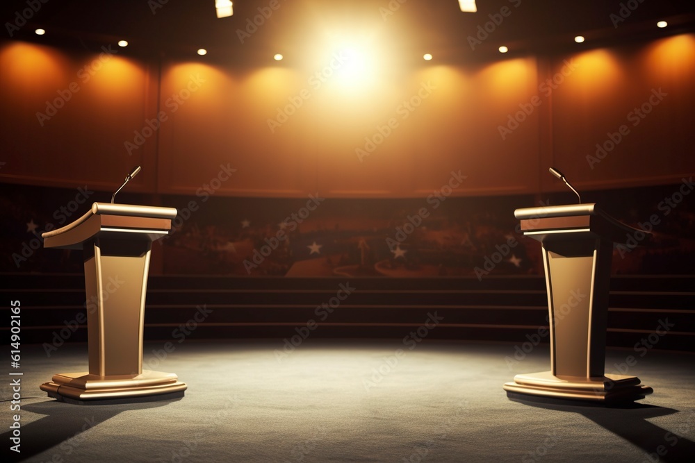 Empowering Democracy, A set with two empty lecterns awaits passionate ...