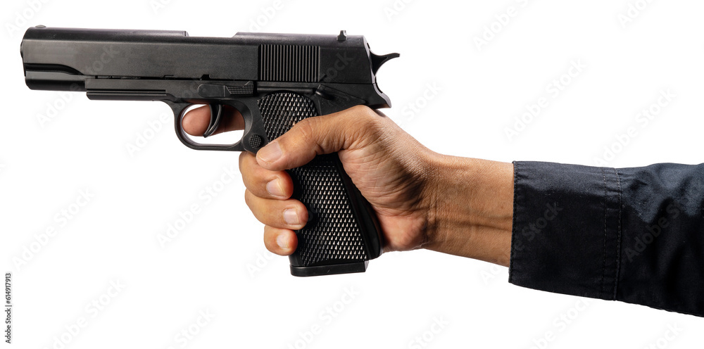 Hand Holding Gun isolated on white background png file. Stock Photo ...