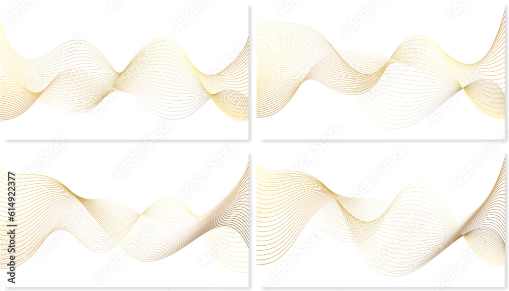 3d wavy gold lines swoosh on white background. Luxury beauty thin curves, swirl as stream flow ...