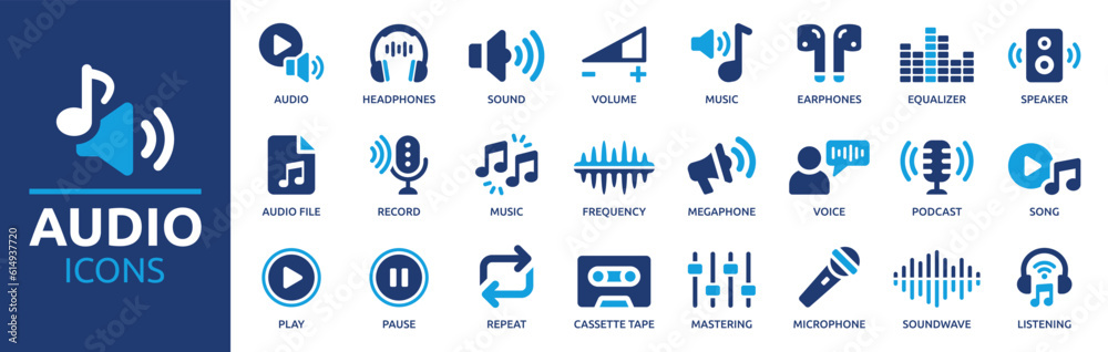 Audio icon set. Containing headphones, sound, music, volume, earphones ...
