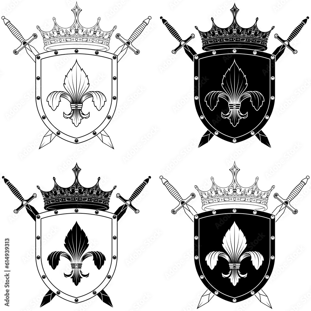 Middle ages heraldic shield, coat of arms with heraldic symbol of fleur ...