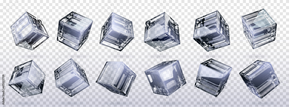 3d glass cube box vector isolated on transparent background. Crear black and white realistic ...