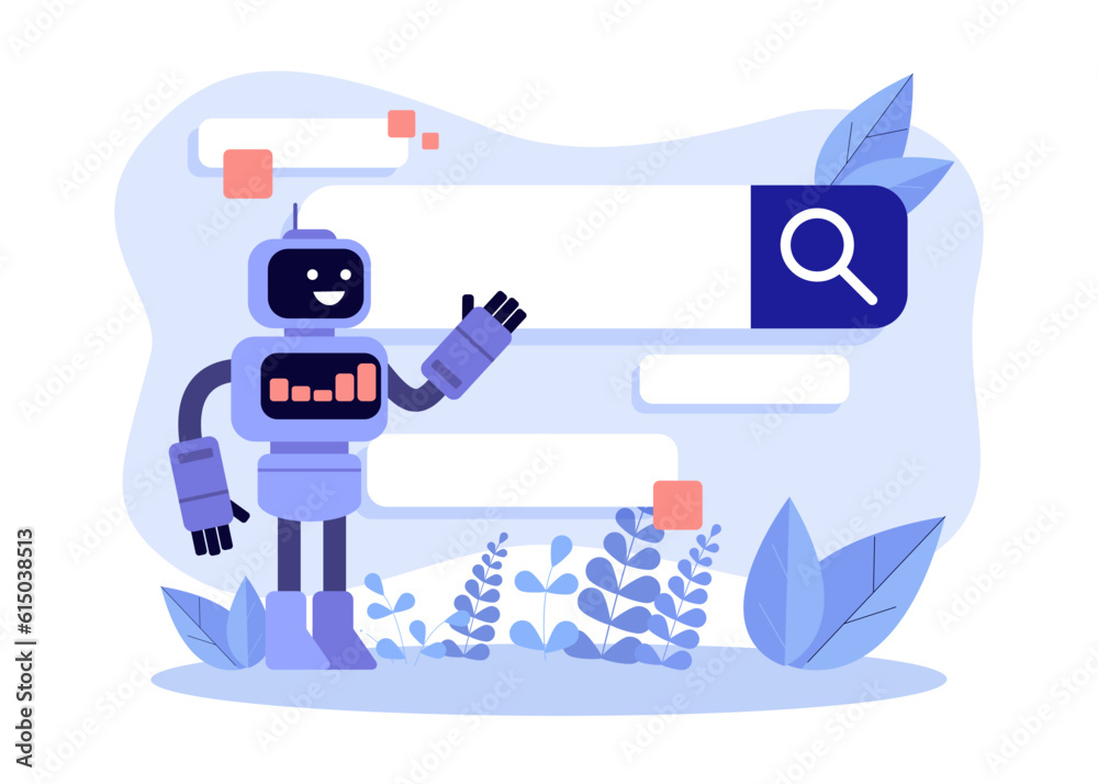 Happy robot presenting browser search bar vector illustration. Online ... Happy robot presenting browser search bar vector illustration. Online ...