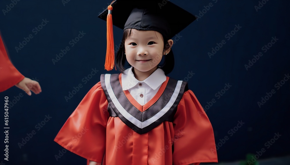 Happy Asian little girl wearing kindergarten graduation costume ...