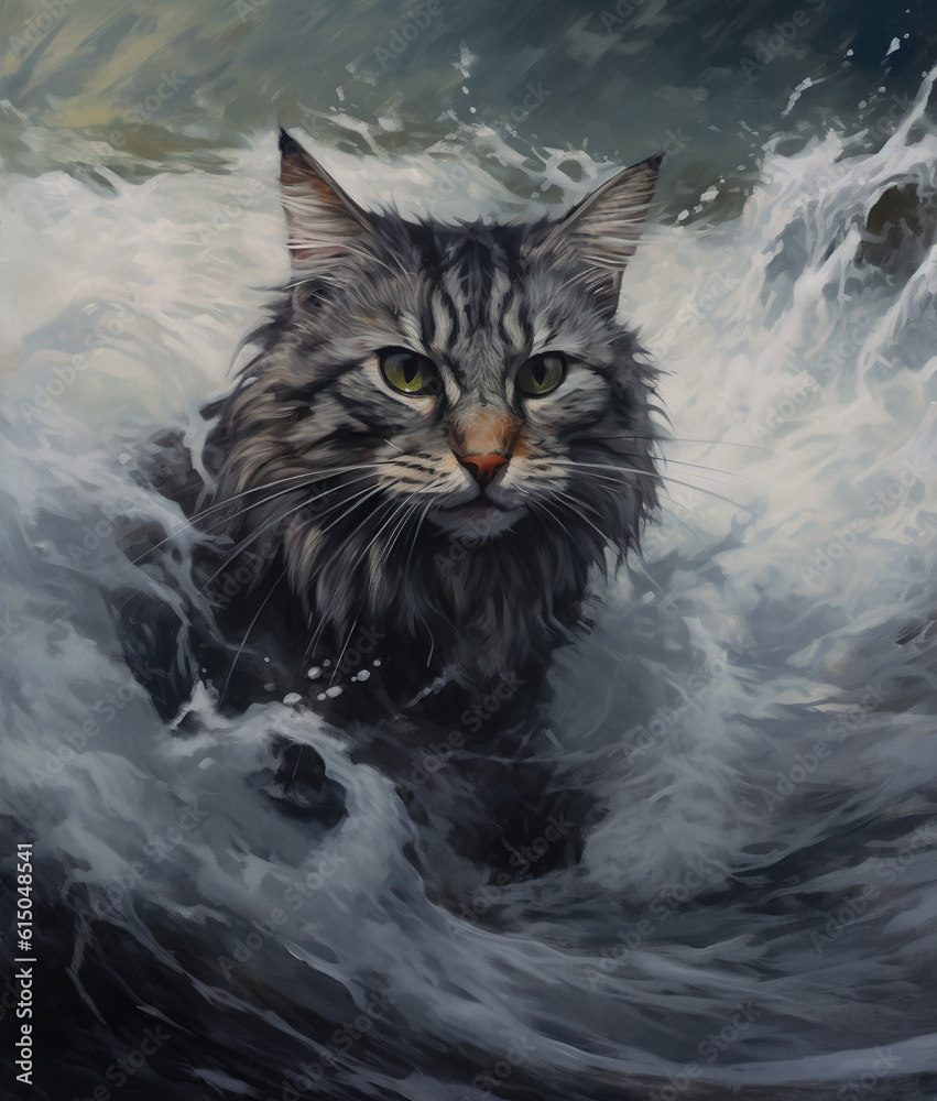 AI-generated illustration of a wet cat amid a severe flood storm ...