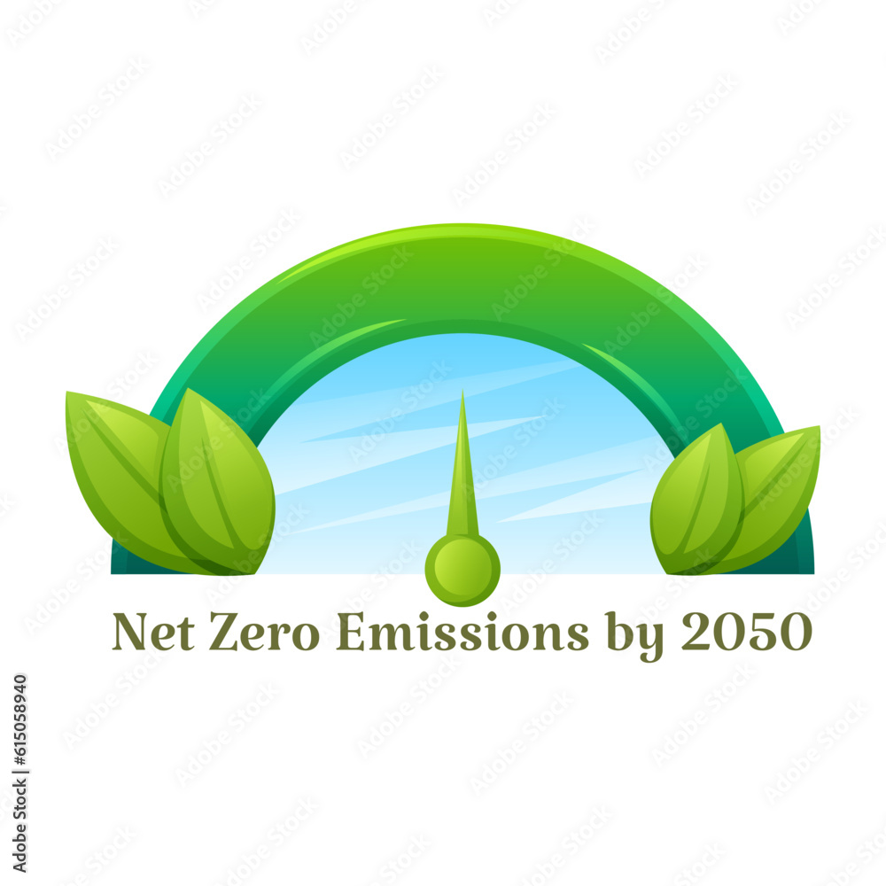 Vetor Measuring pointer as a symbol net zero emissions by 2050. Net zero and carbon neutral ...