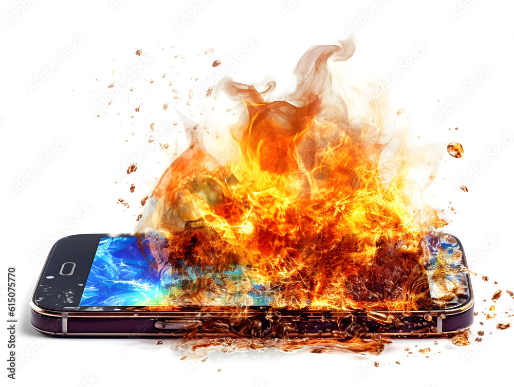Smartphone explosion and fire accident on white background, damaged and ...
