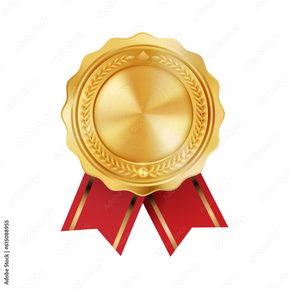 Shiny realistic empty gold award medal with red ribbon rosettes on ...